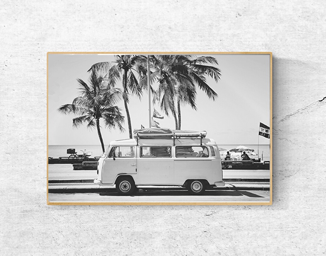 Black and White Beach Print: Combi Van & Palm Tree Photography (instant ...
