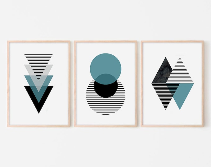 Printable Mid Century Modern Set of 3 in Navy Blue White and Teal ...