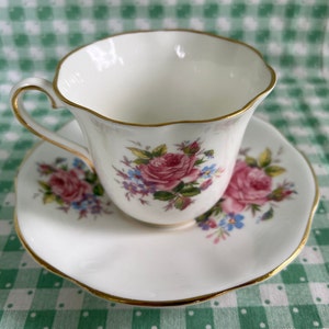 FLORAL TEACUP SAUCER Rare Clare Crown Bone China England Pink Rose Gold ...