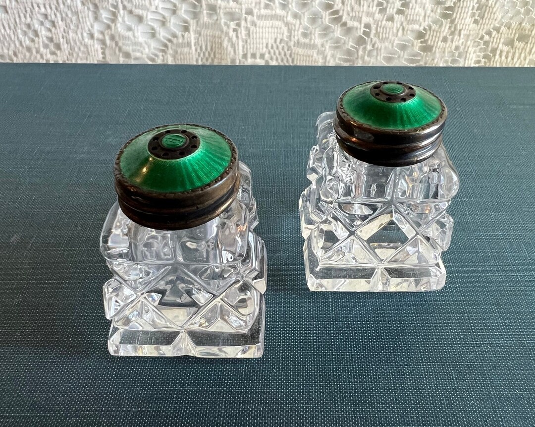 RARE GREEN NORWEGIAN Art Deco Salt Pepper Sterling and Guilloche Enamel ...