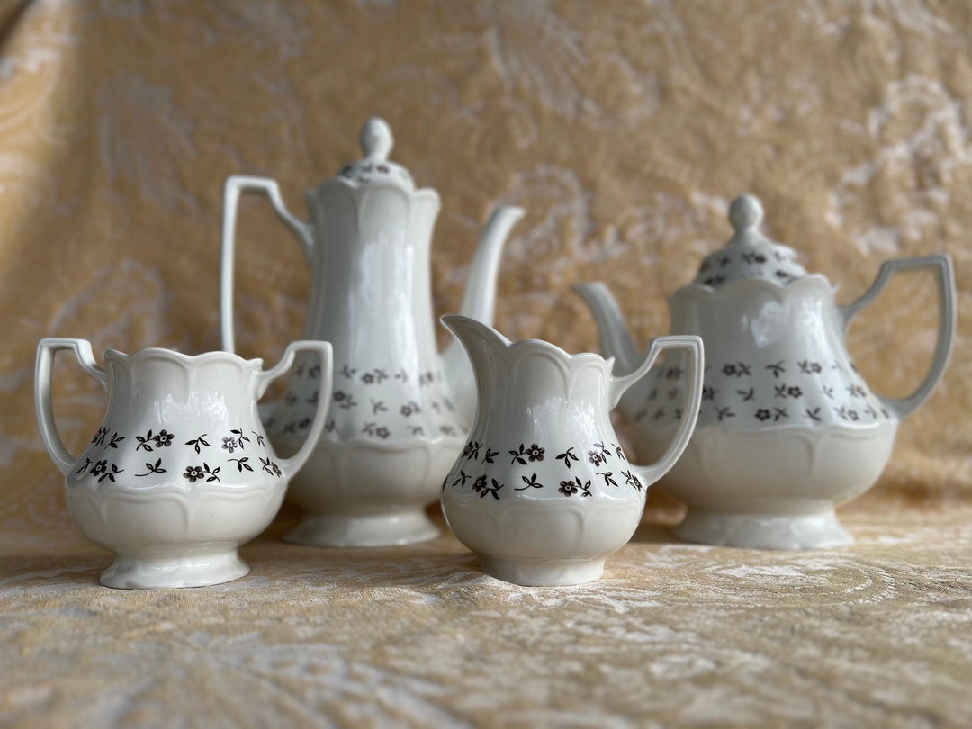 VINTAGE IRONSTONE SET Blossom Time Home Decor Ivory Tea Coffee Pot ...