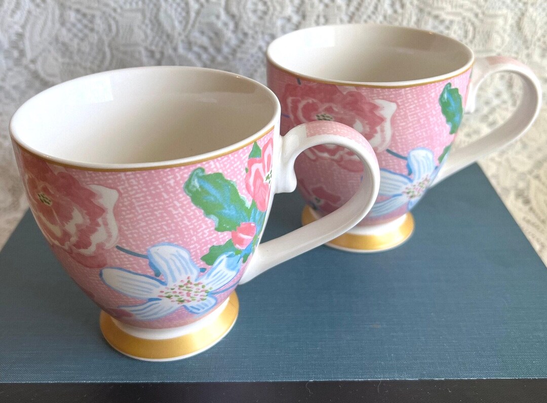 ENGLISH MUG CO Sylish Pink Green Gold Pair Fine China Mic Dish Safe Set ...