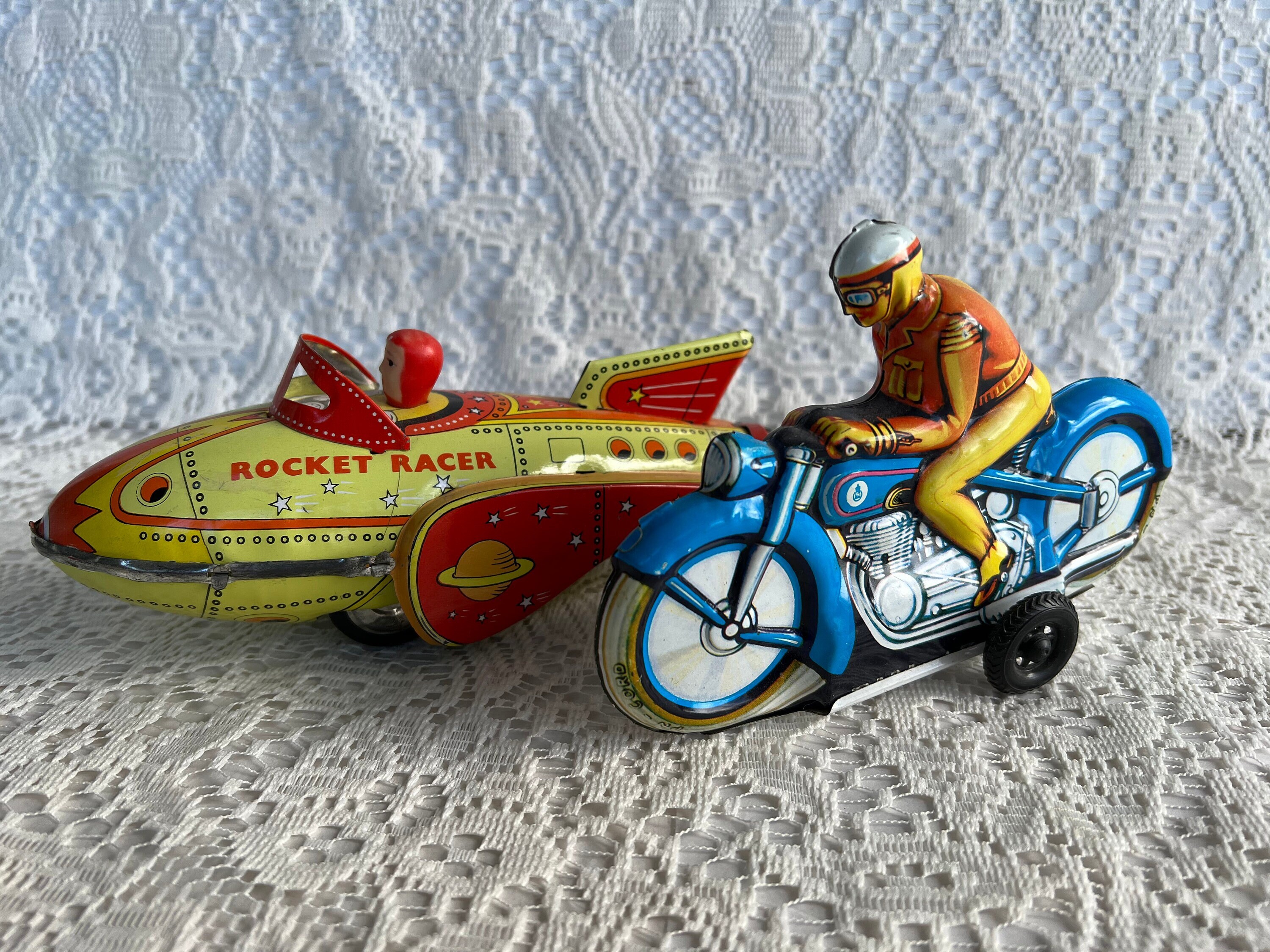 VINTAGE TIN TOYS Two Rare Friction Blue Original Pn-cord Motorcycle ...