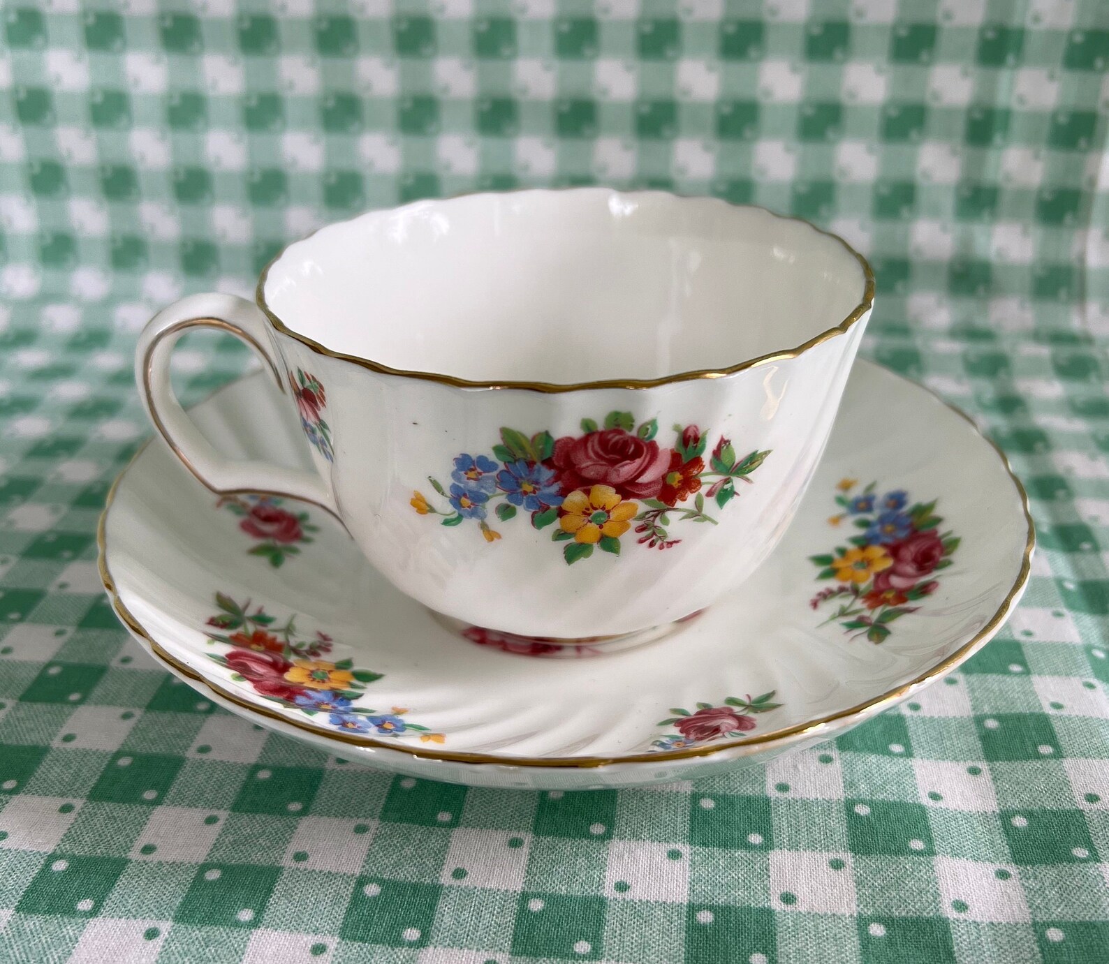 FLORAL TEACUP SAUCER Rare Royal Adderley Fine Bone China England Gold ...