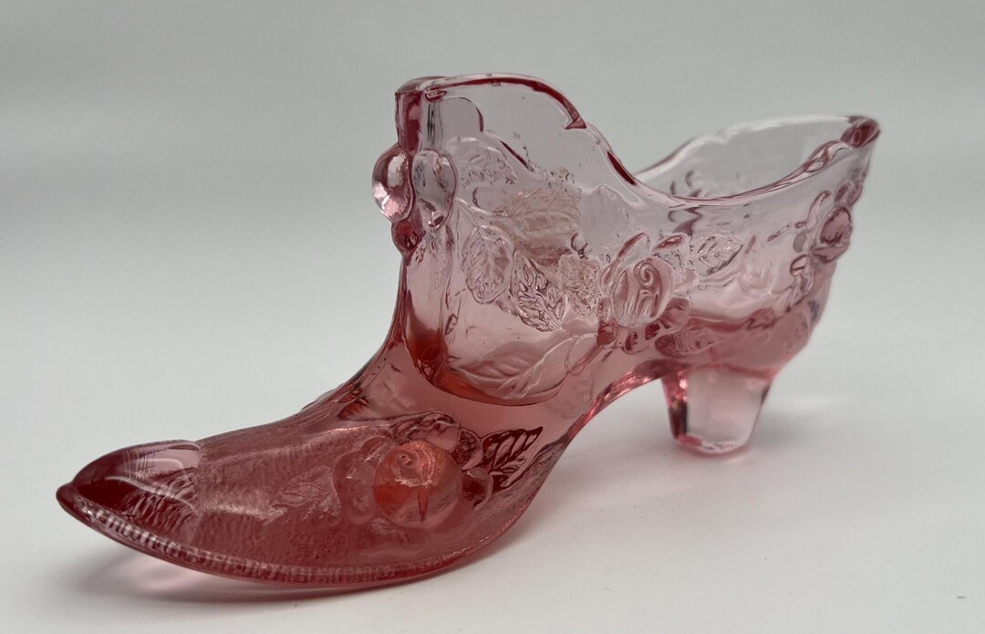 PINK GLASS SHOE Fenton Cabbage Rose Pattern Slipper Ex Cond Floral Home ...