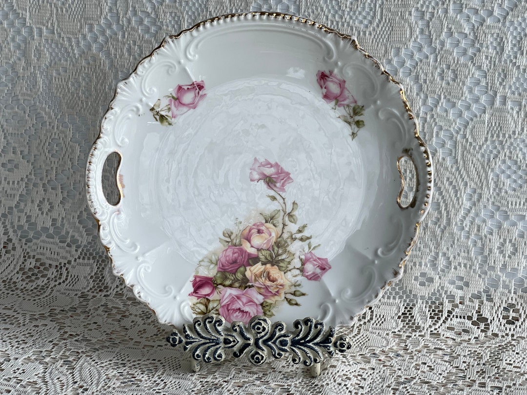 VINTAGE CAKE PLATE Floral Party Dessert Dish Cottage Core Platter ...