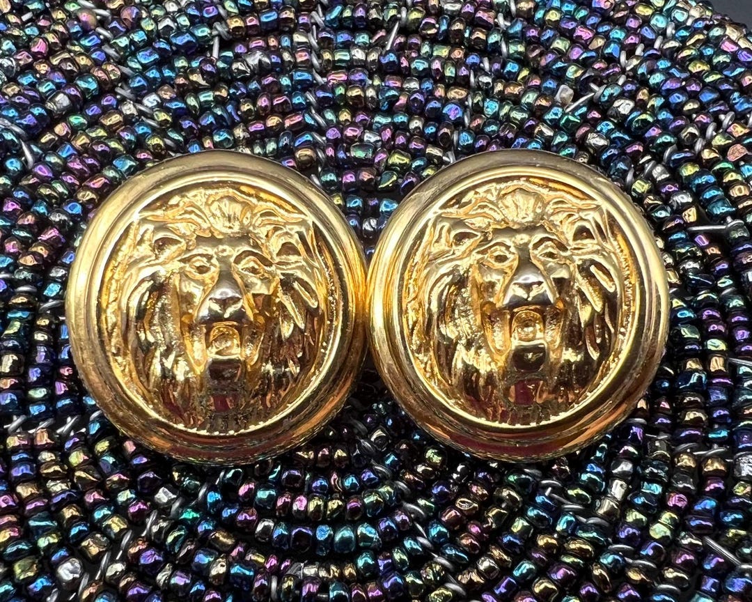 ANNE KLEIN EARRINGS 80s Iconic Lion Head Gold Tone Button Pierced Stud ...