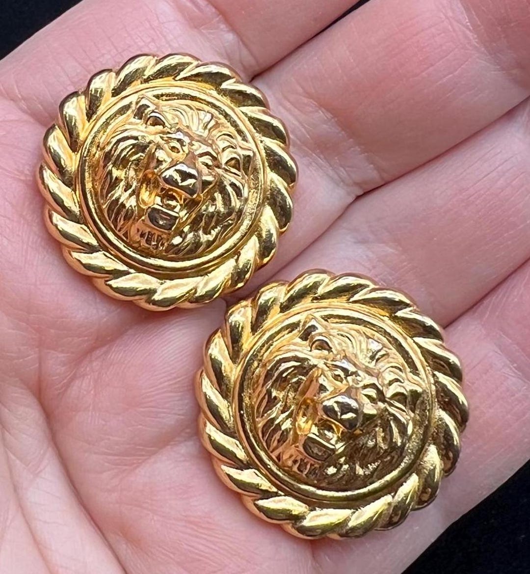 ANNE KLEIN EARRINGS 80s Iconic Lion Head Gold Tone Goldtone Button Clip ...