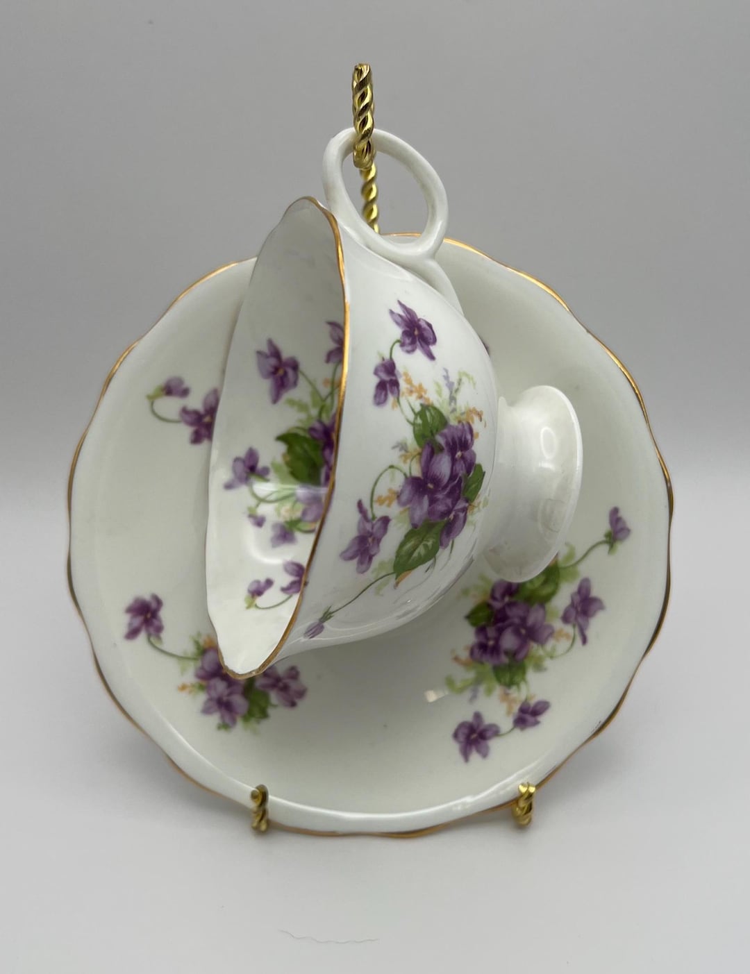 RADFORDS CHINA TEACUP Saucer Rare Purple Pansies Bone Made in England ...