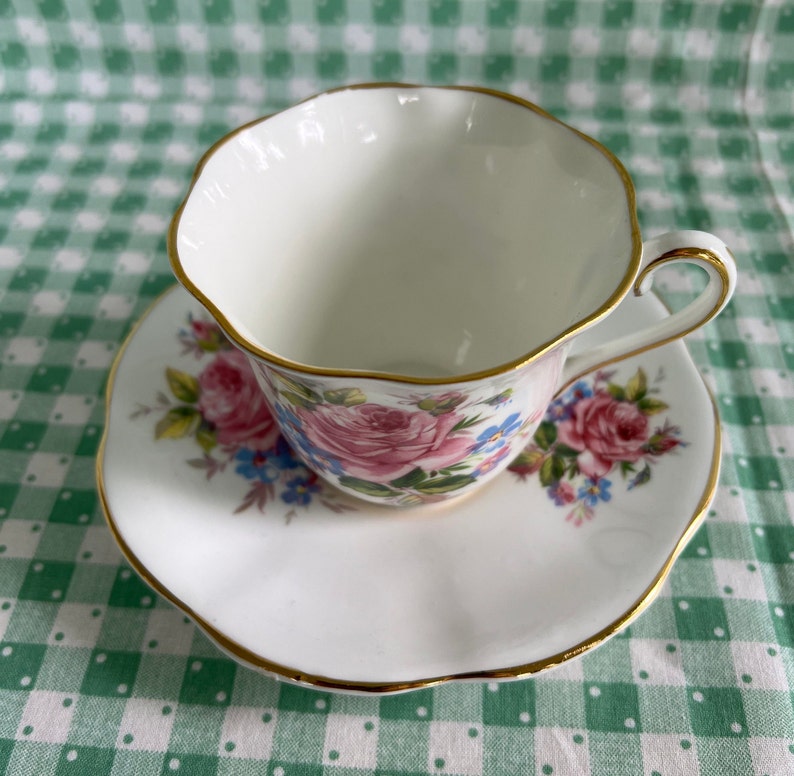 FLORAL TEACUP SAUCER Rare Clare Crown Bone China England Pink Rose Gold ...