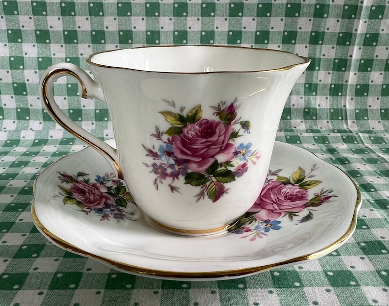 FLORAL TEACUP SAUCER Rare Clare Crown Bone China England Pink Rose Gold ...