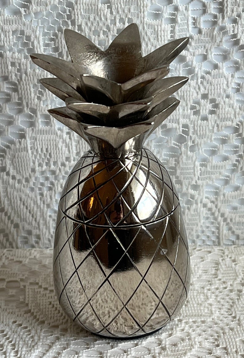 FRUIT TRINKET BOX Shiny Silver Metal Pineapple Container Nostalgic Home ...