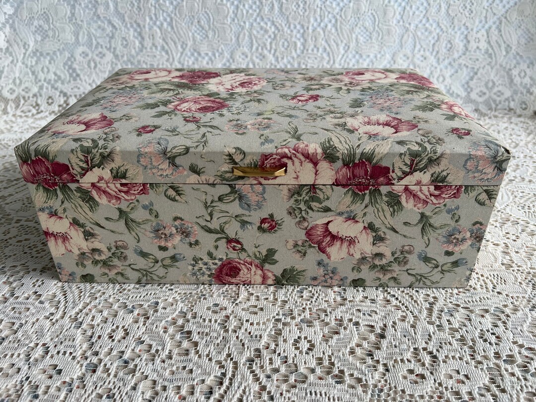 CLOTH JEWELRY BOX Large Vintage Size Fabric Shabby Chic Case Roses ...