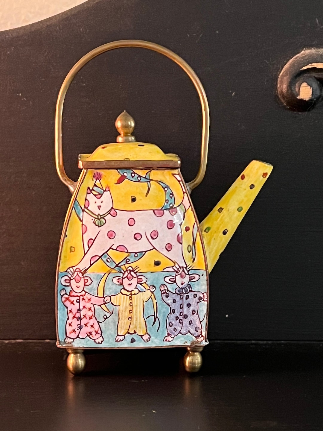 RARE EMPRESS ARTS Ltd 2000 Teapot Enamel Brass Yellow Round Feet ...