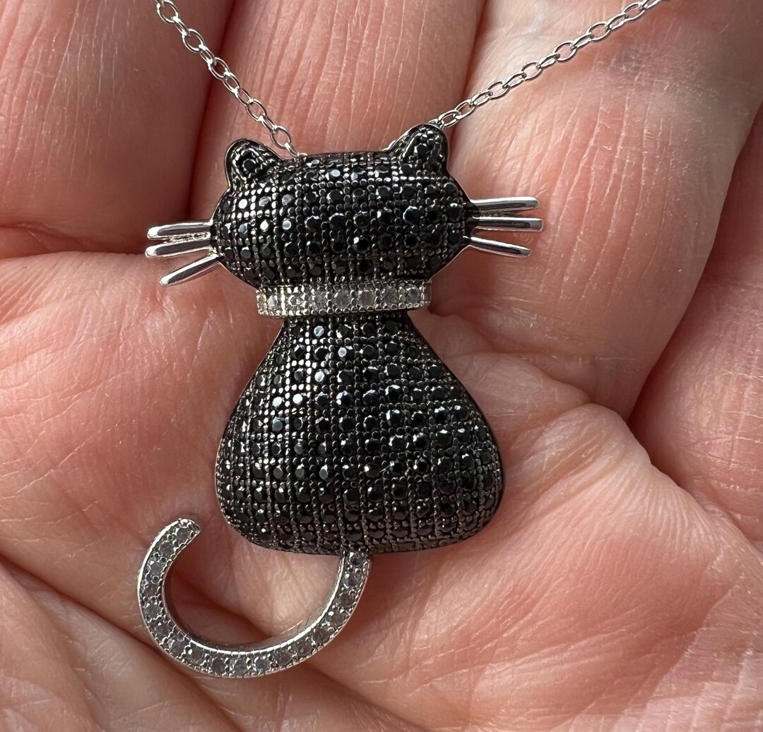STERLING CZ CAT Silver 18 Inch Chain Necklace Rare Fine Jewelry Ex Cond ...