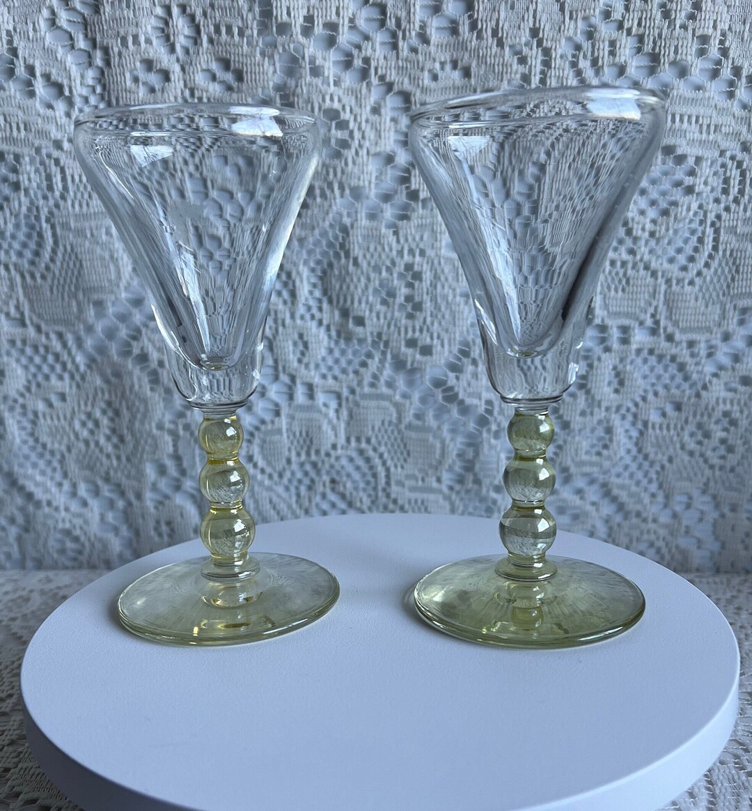 LIBBEY SHERRY GLASSES 2 1960s Knob Hill Rare Yellow 3 Stacked Ball Stem ...