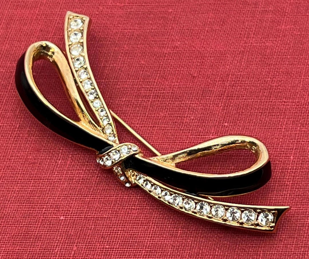 RHINESTONE BOW PIN Loosely Tied Goldtone Black Enamel Brooch Ribbon ...