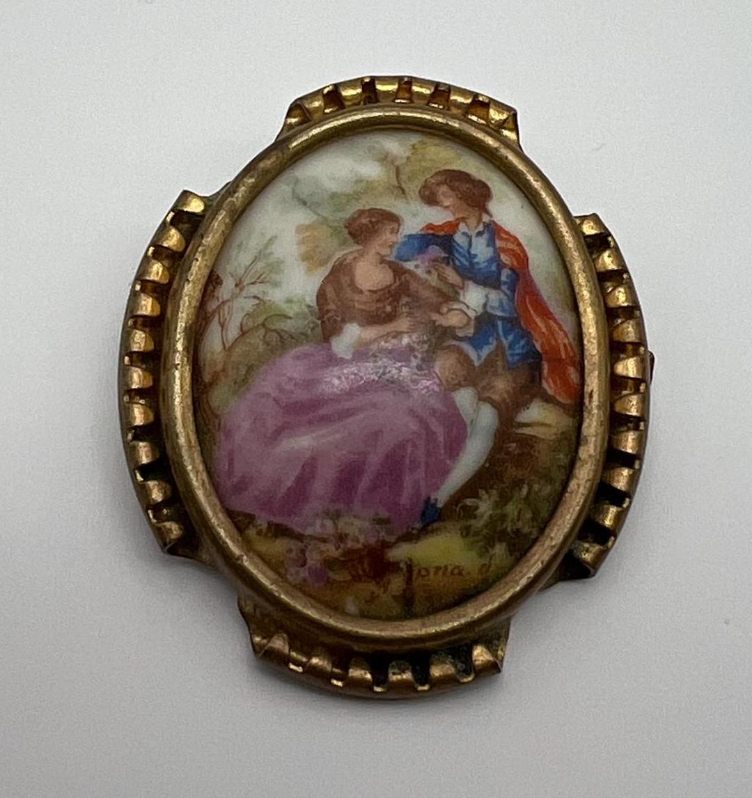 LIMOGES PORCELAIN PIN Rare Vintage Courting Couple Mcm 18th Cent Scene ...