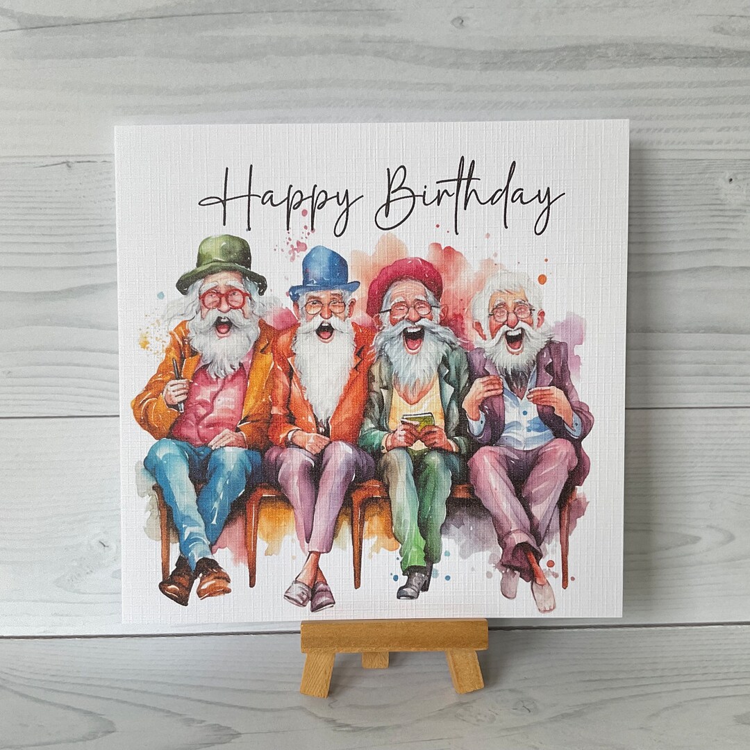 Birthday Card, Card for Him. Funny Old Men, Colourful Watercolour Card ...