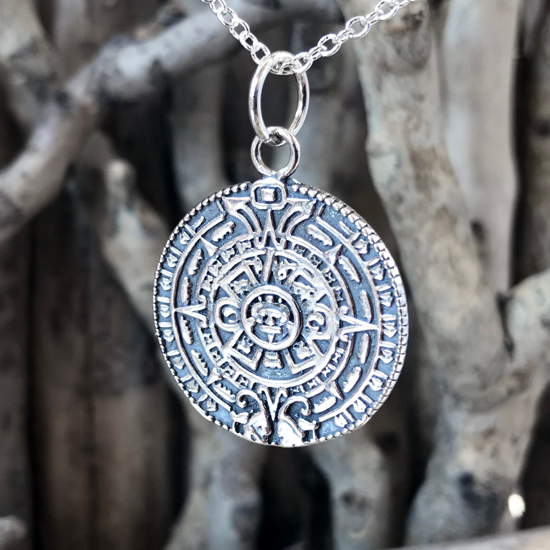 Sterling Silver Aztec Mayan Mexican Pendant Necklace Aztec Mayan Sun ...