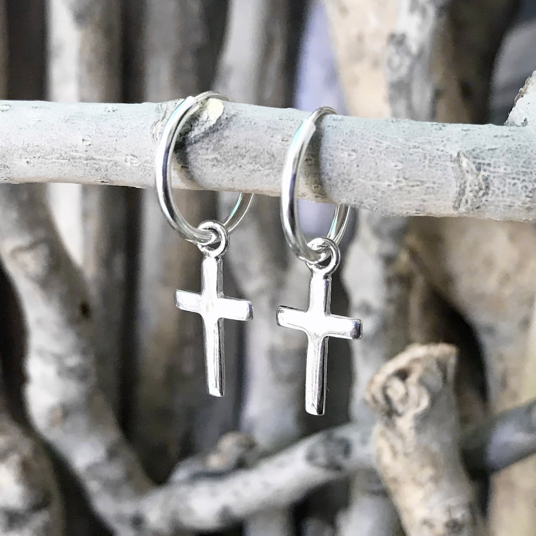 Tiny Cross Hoops, Silver Cross Hoop Earrings, Gift for Her, Cross ...