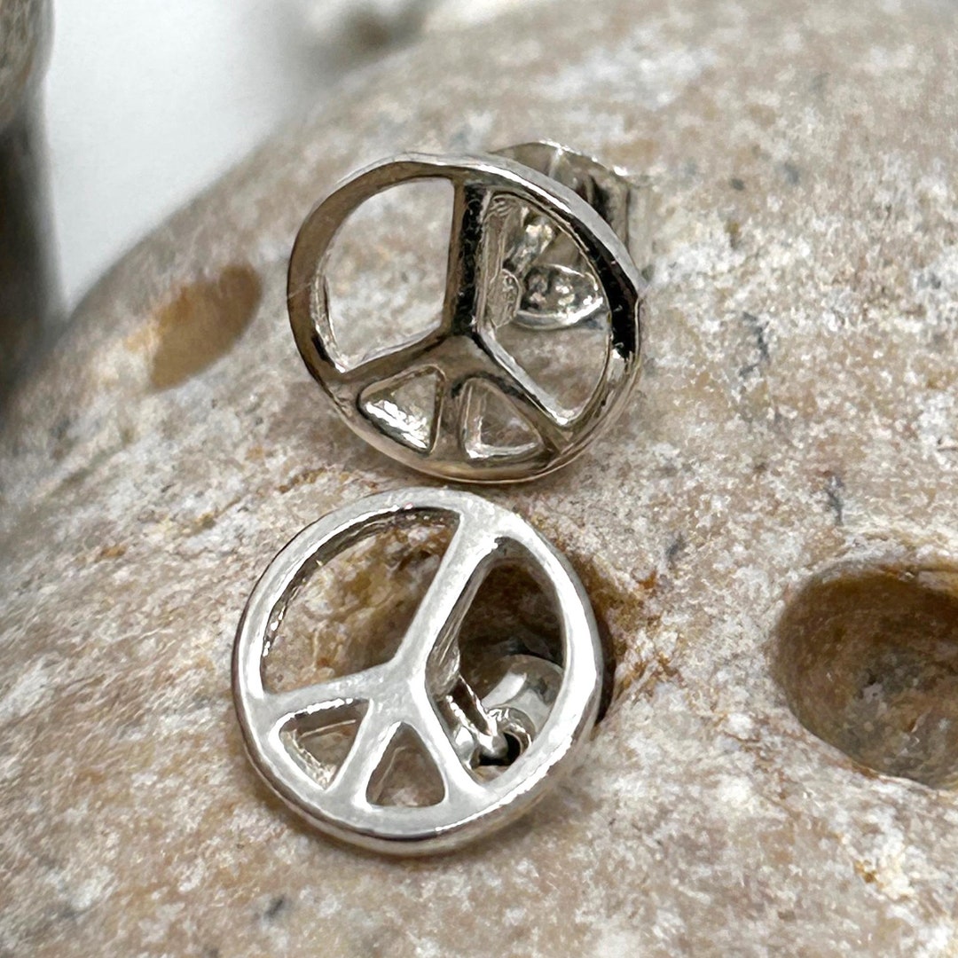 Sterling Silver Peace Sign Stud Earrings - Minimalist 9mm Peace Symbol ...