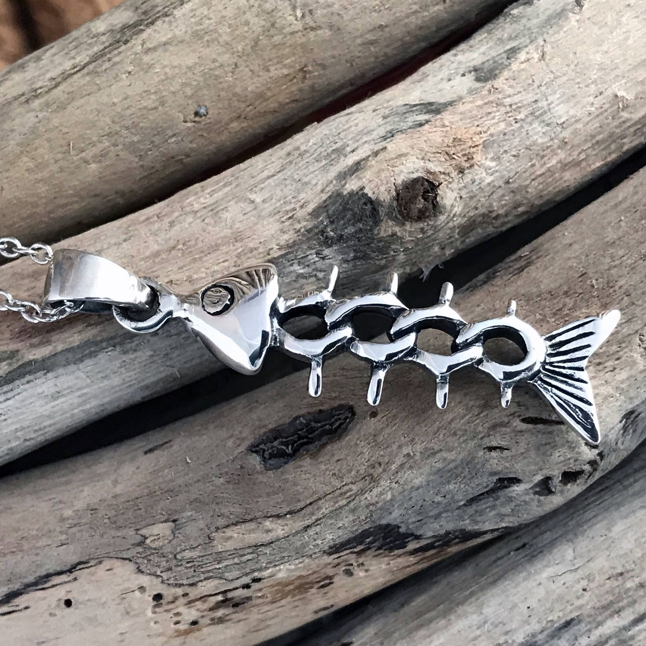 925 Sterling Silver Fish Bone Skeleton Pendant Necklace | Etsy
