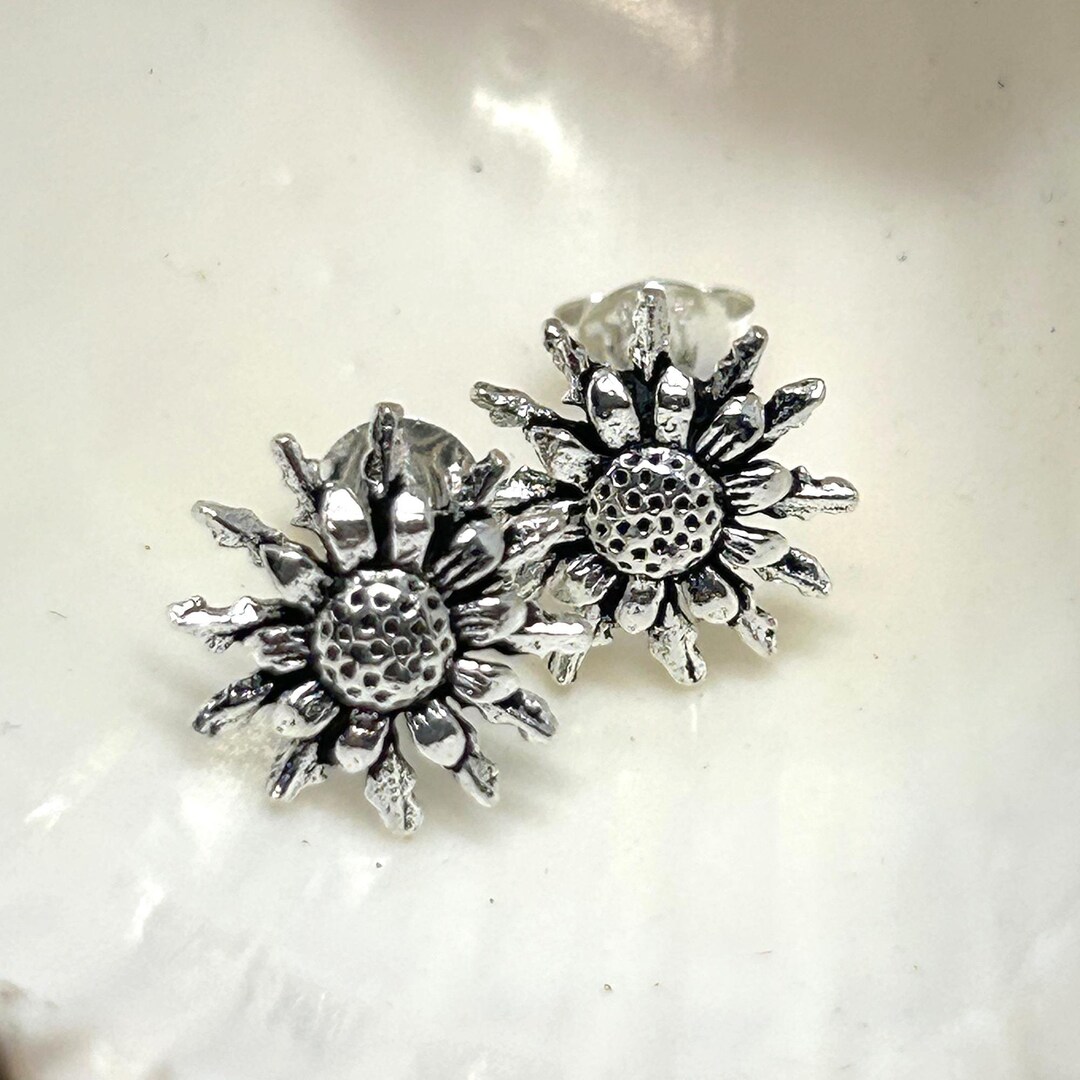 Eguzkilore Stud Earrings, Flower of the Sun Earrings, Silver Sun Flower ...