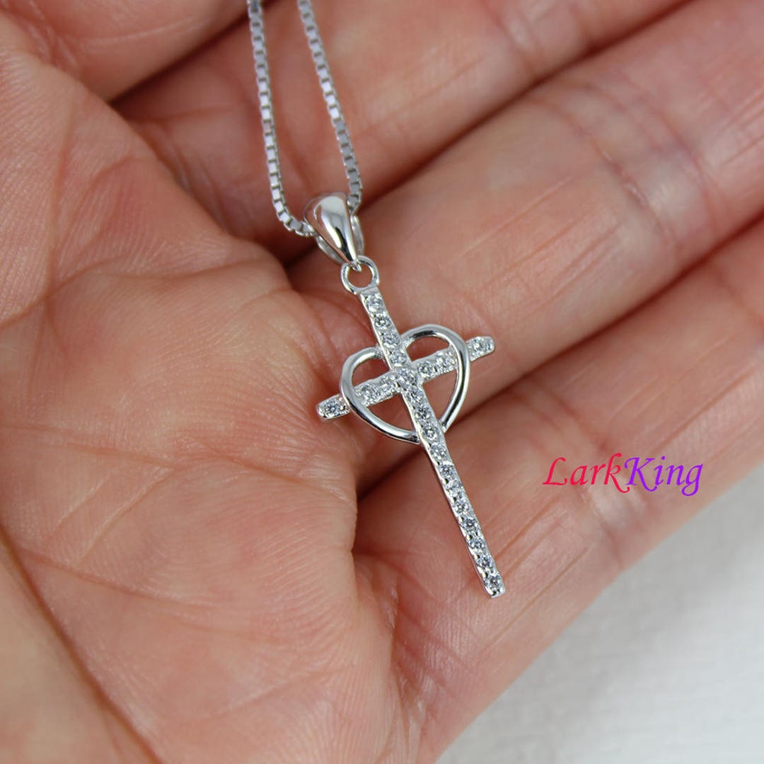 Sterling Silver Cross Necklace, Heart Cross Necklace, Small Cross ...