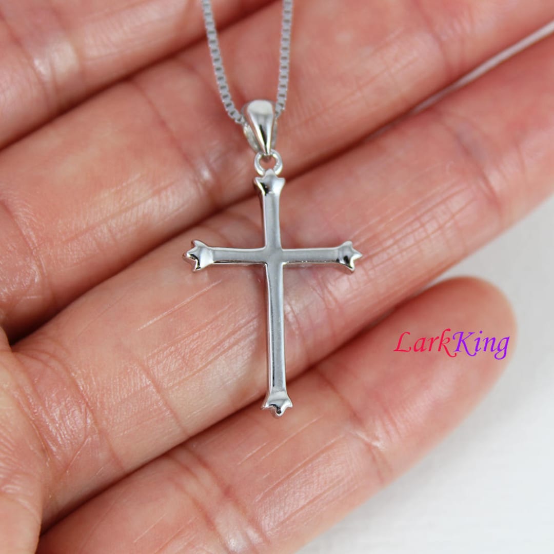 Sterling Silver Cross Necklace, Small Cross Necklace, Simple Crown ...