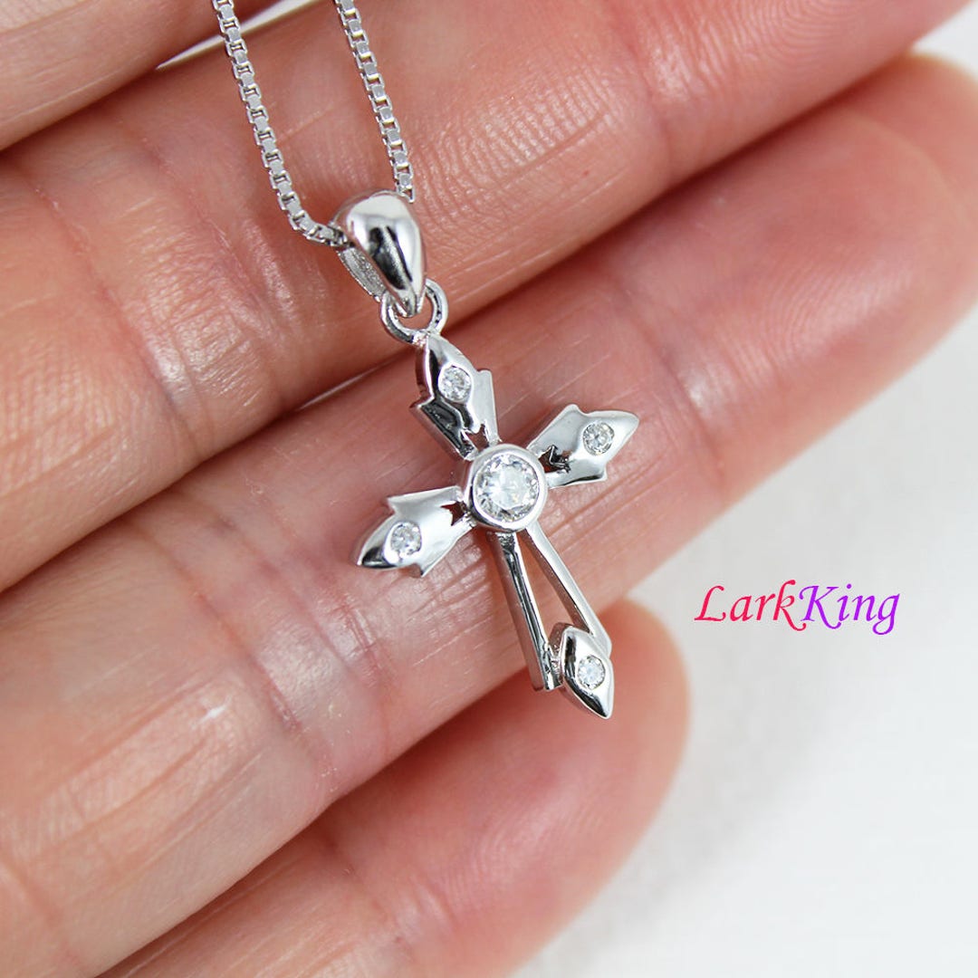 Sterling Silver Small Cross Necklace, Tiny Cross Necklace, Zircon ...