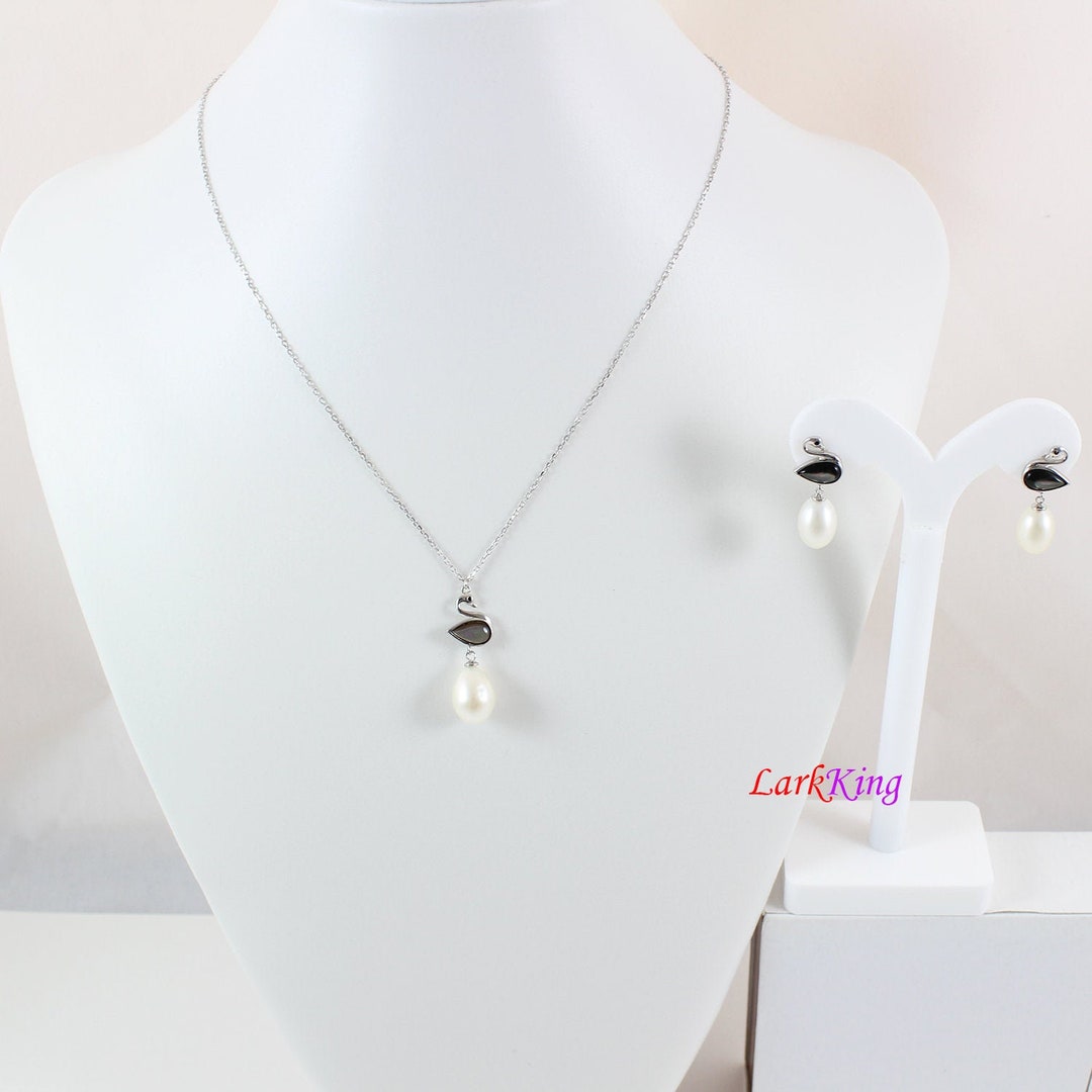 Sterling Silver Pearl Necklace And Earrings Set Swan Pearl Necklace