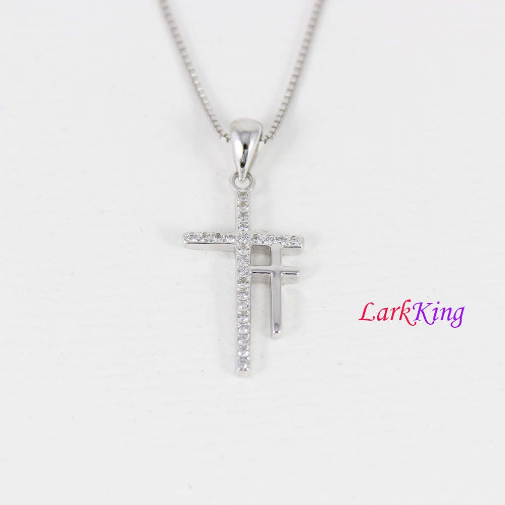 Sterling Silver Double Cross Necklace Small Cross Necklace | Etsy