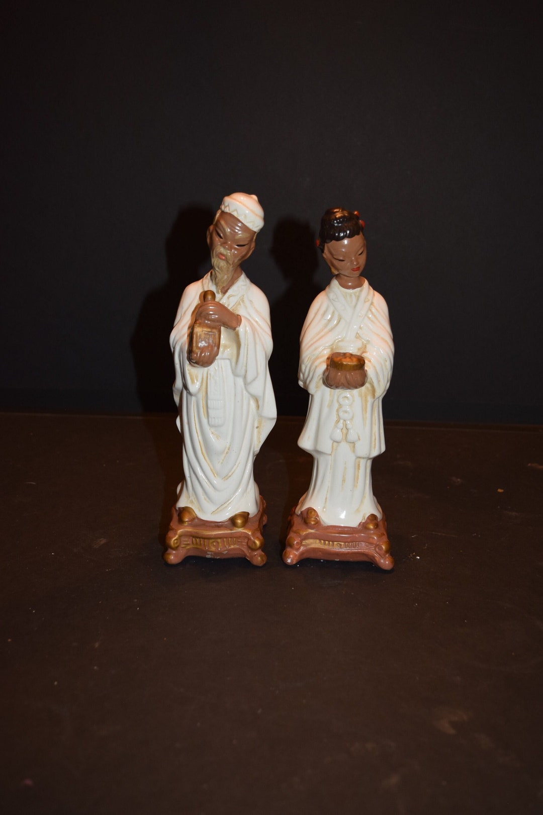 Mid-century Chinoiserie Asian Ceramic Figurines of White Porcelain Japanese Couple in the Style ...