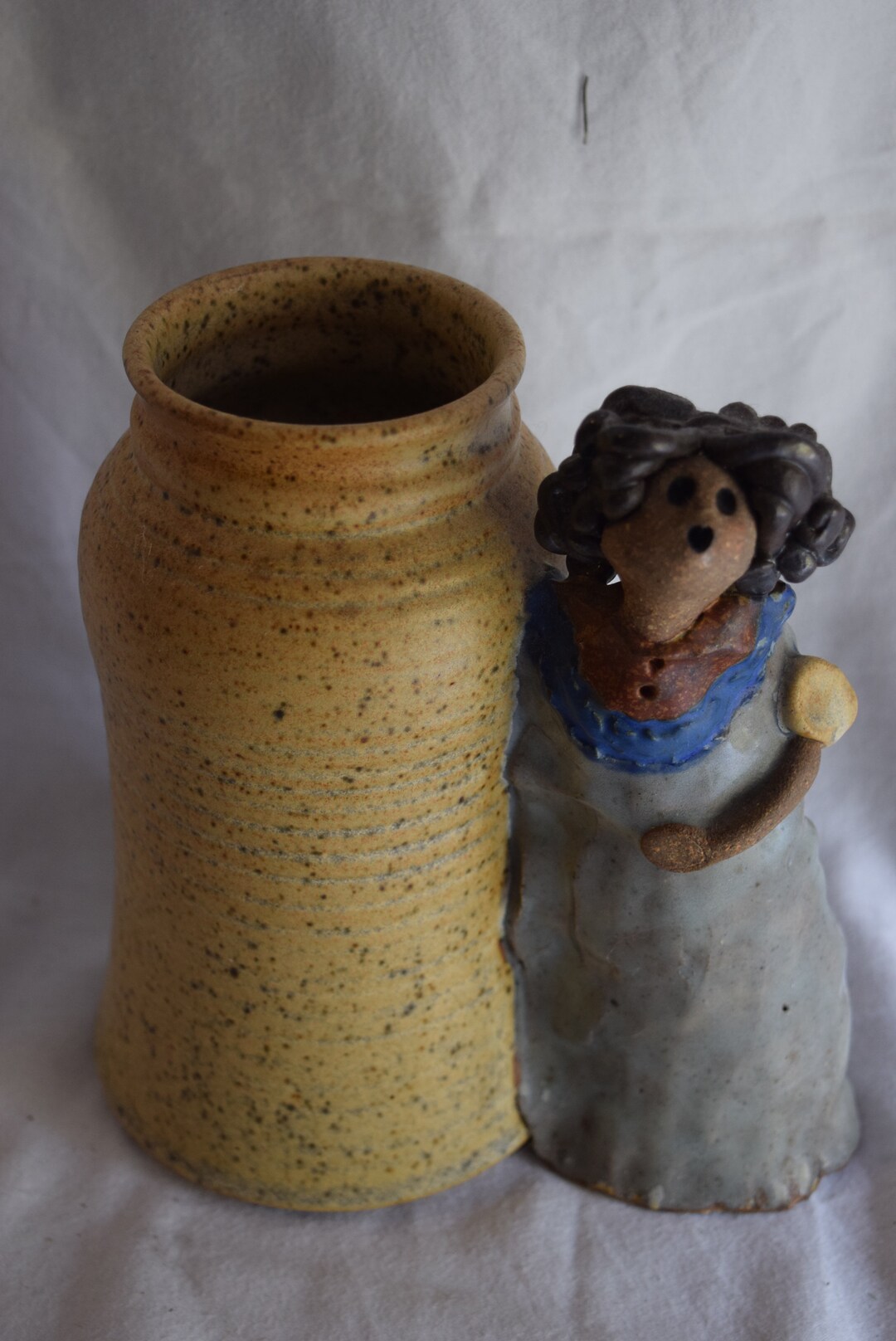Singing Woman Sculpture Attached to Handmade Pottery Clay Vase Sweet ...