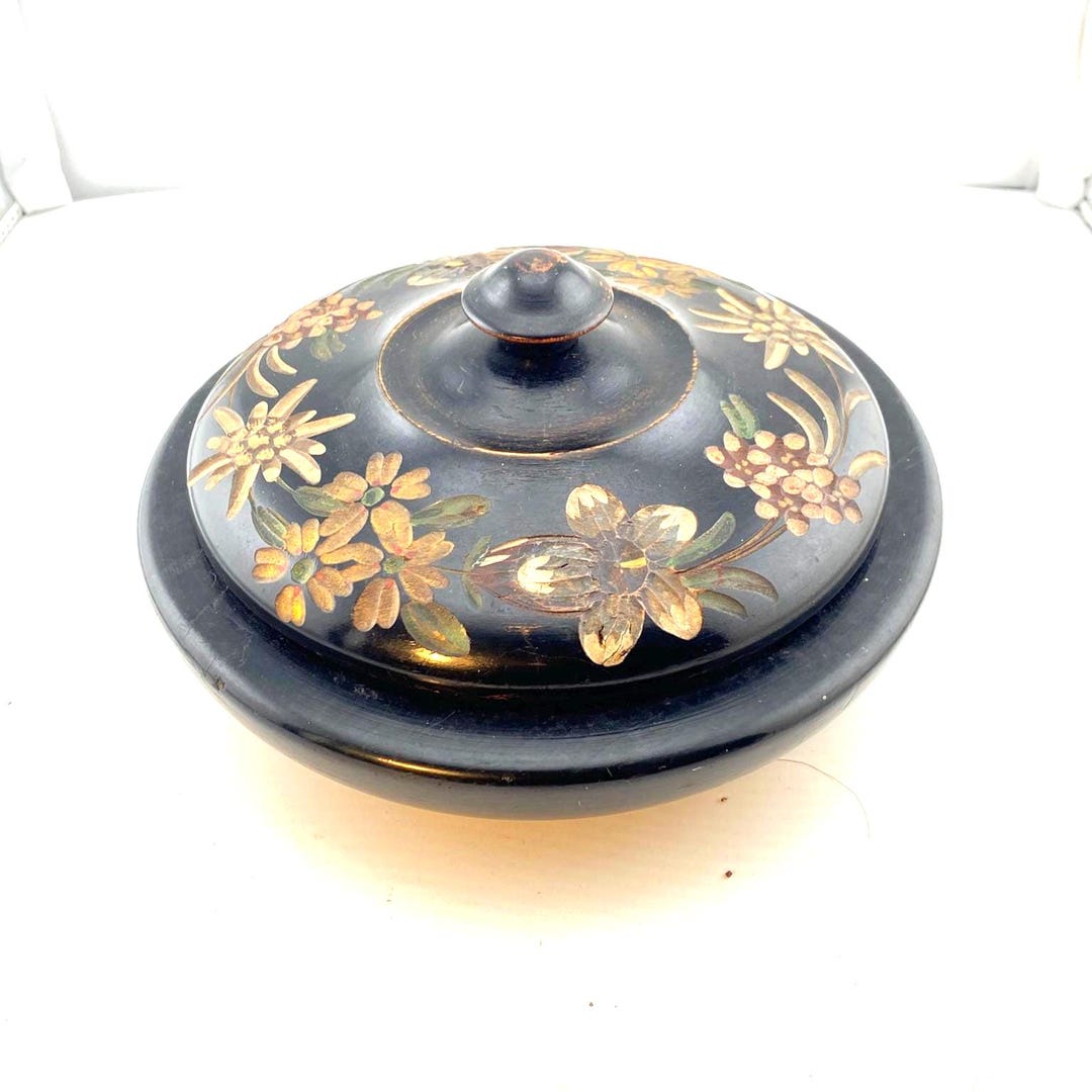Farmhouse Style Round Black Wooden Box Etched and Painted With Flowers ...