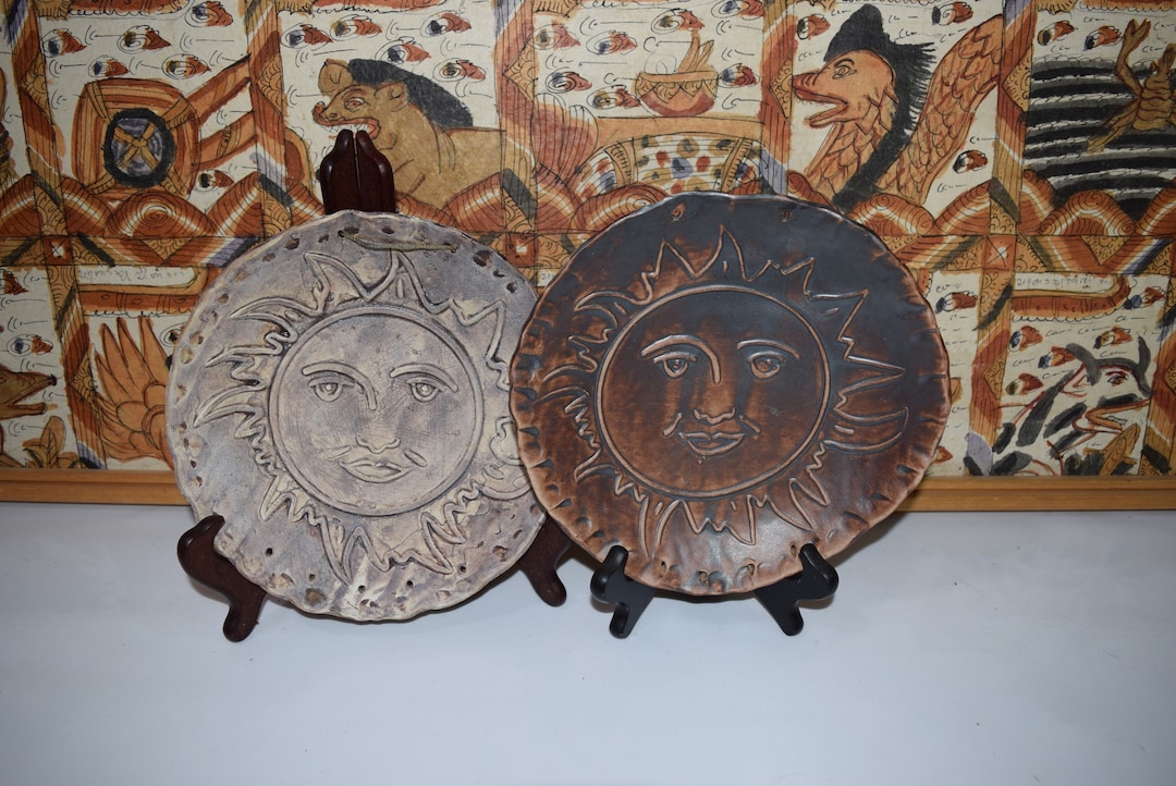 Vintage Art Pottery Sun Smiling Face, Raku Design, Sun Plate Bowls Raku ...