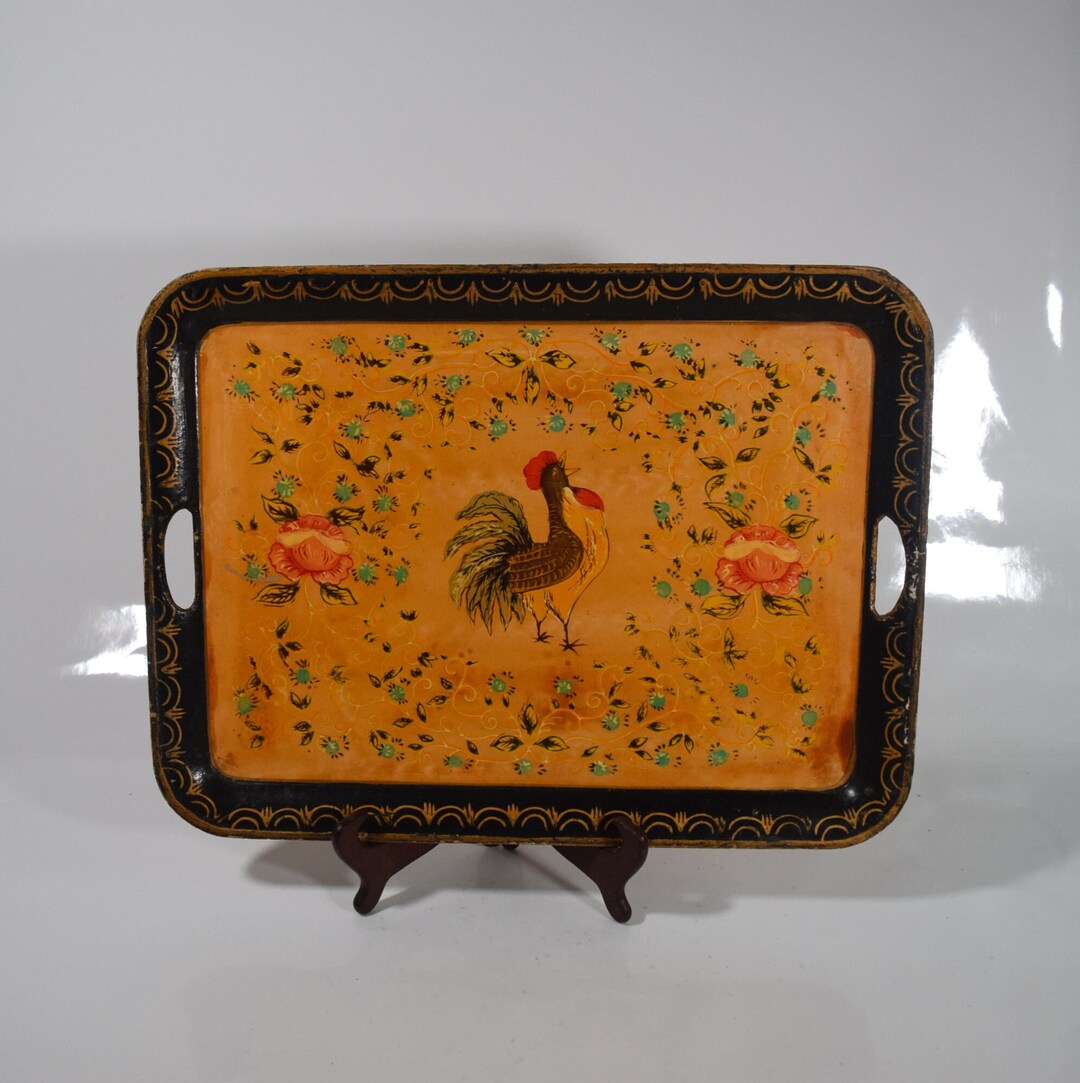 Vintage French Style Metal Tray Rooster Tole Black Gold Victorian Tole ...