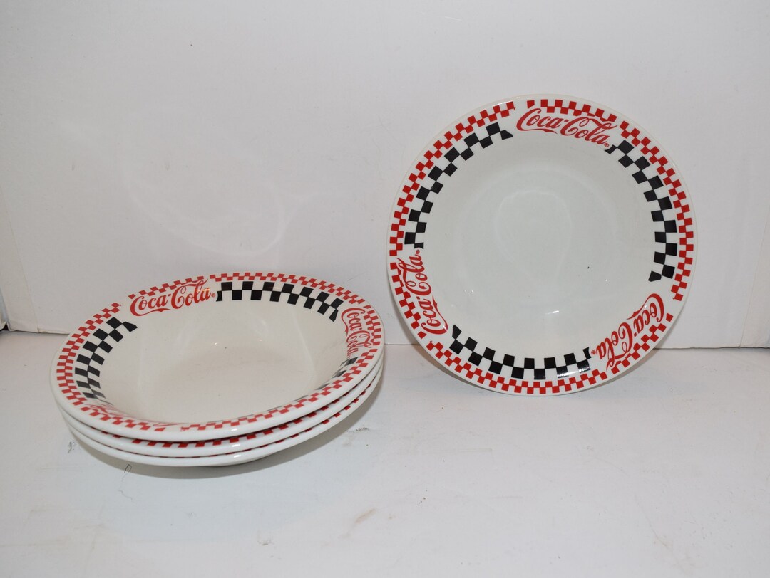Set of 4 Coca-cola Plate Dinnerware White Logo Coke Checkered Coupe ...