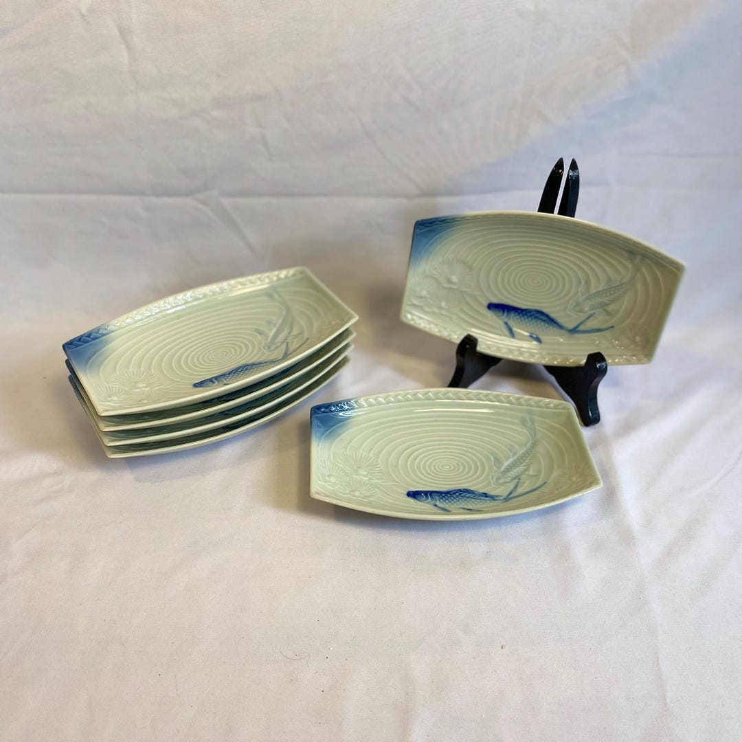 Rare Sushi Set Gumps Porcelain Sushi /snack Raised Blue & White Koi ...