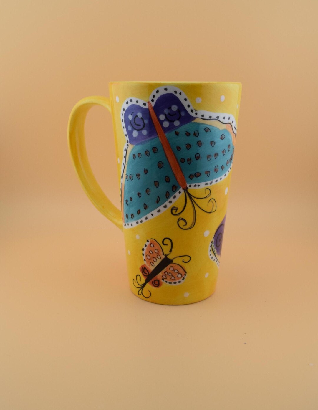 Laurel Burch Butterfly Vivid Colors Yellow Latte Mug 16 Ounce Coffee ...