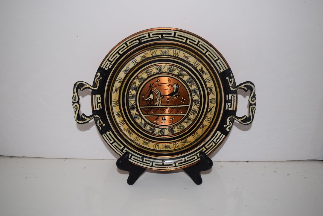 Greek Chariot Design Enamel on Metal Tray With Handles Platter Serving ...