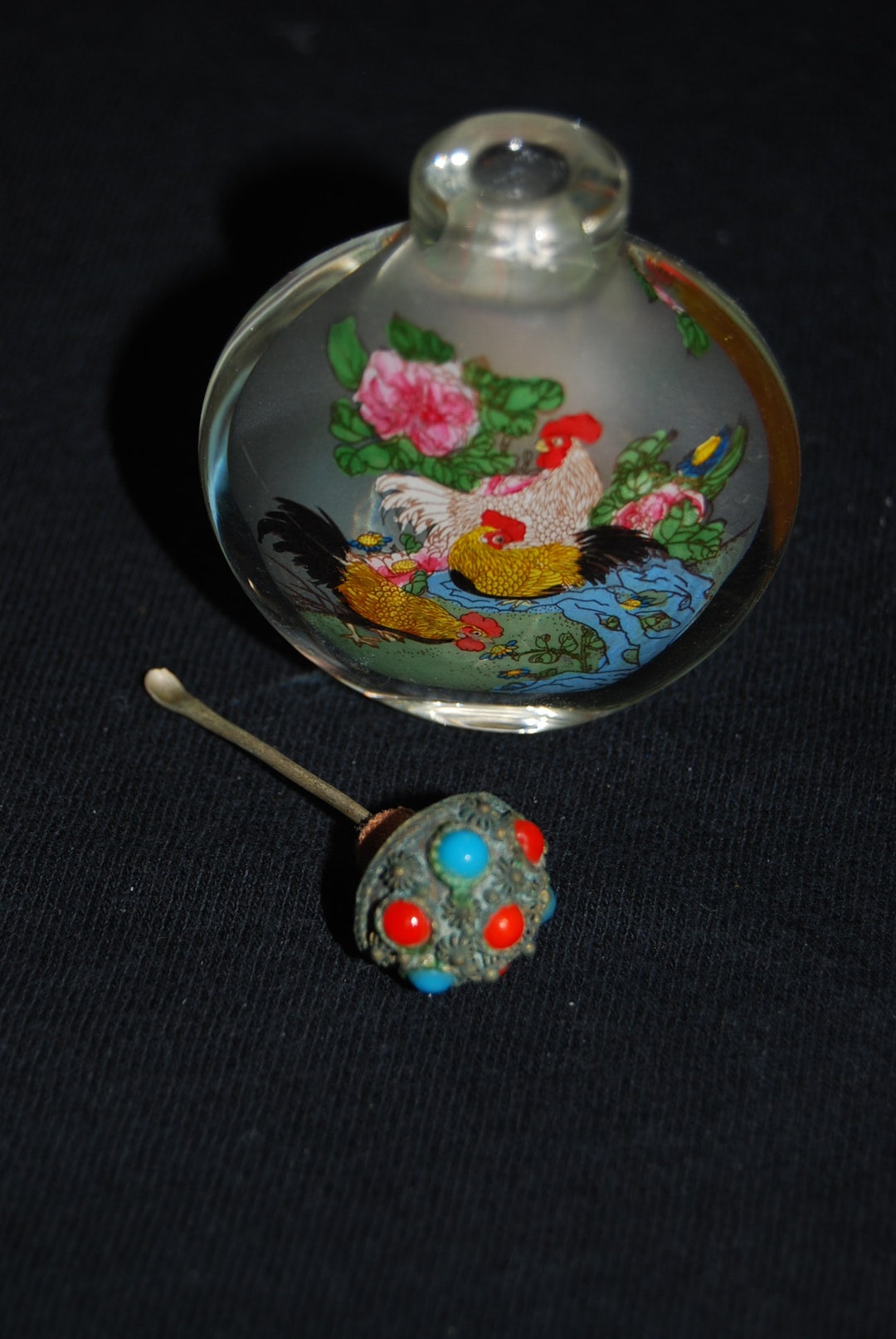 Chinese Snuff Bottle Reverse Painted Roosters Jeweled Cap W Silver ...