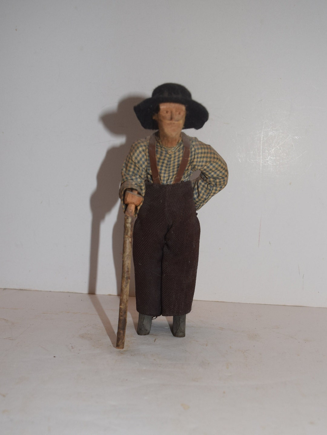 Toy Farmer Hand Carved Wooden Figure of Man With Cane, Suspenders, Hat ...