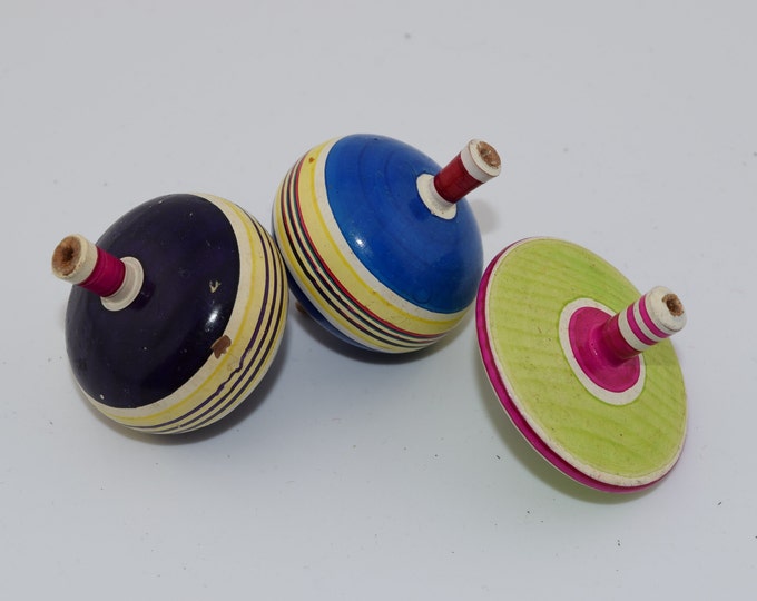 Vintage Rare Wooden Spinning Top Hand Painted Carved Wood Toy Tops ...