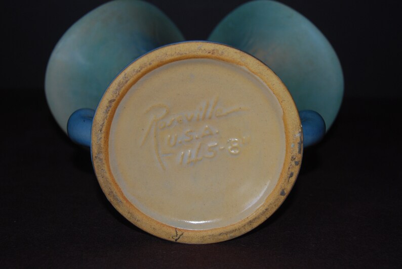 MINT Roseville Pottery Double Cornucopia White Rose Blue Vase 145 8 ...