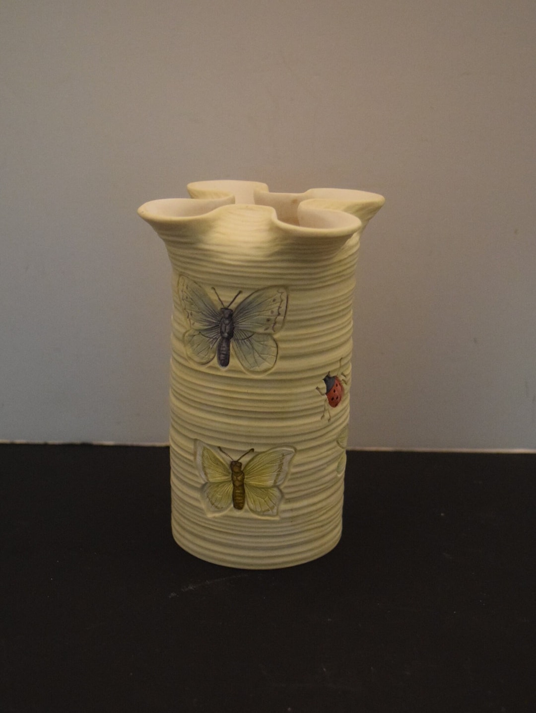 Ribbed Ceramic Vase Butterfly Application Design Handmade Hand Painted ...