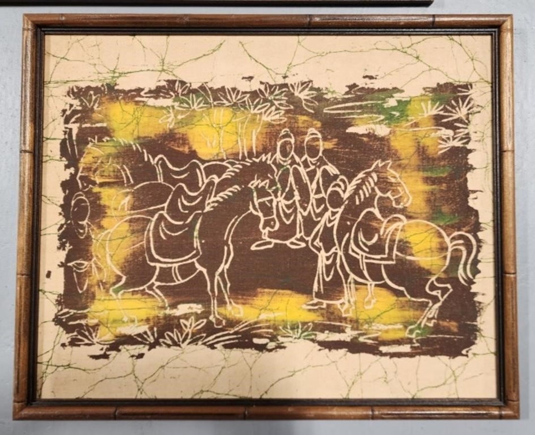 Original BATIK Folk ART Framed Bamboo Framed Chinese Batik Tang Horse ...