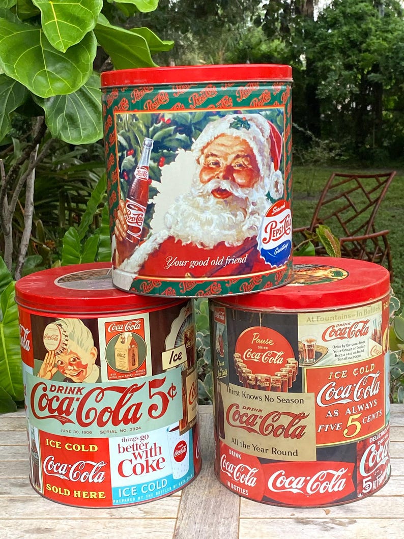 Reproduction Coca-cola Coke Popcorn Tin Can W History of Logos Large ...