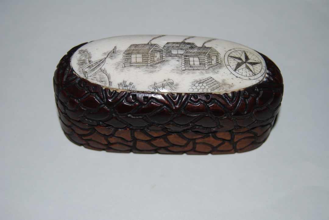 Village Scrimshaw Style Trinket Box Hand Carved Basketweave Wood Box ...